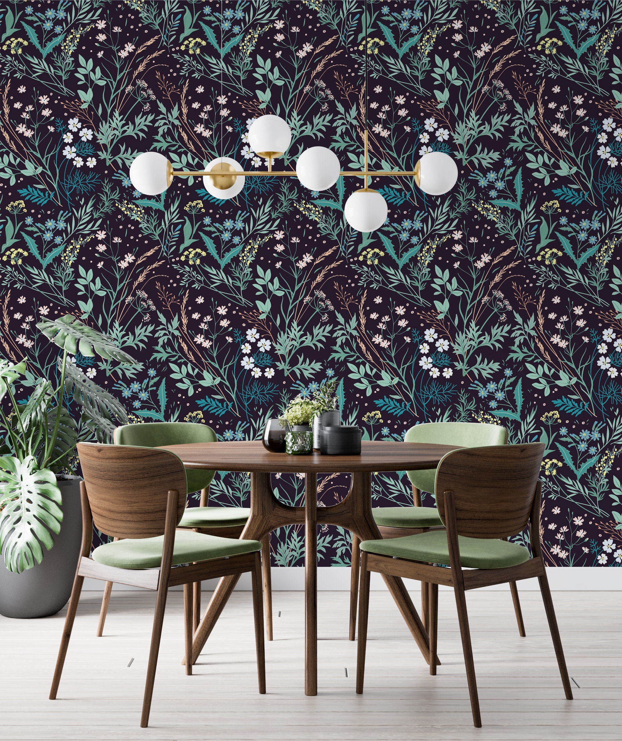 Botanical Plant Wallpaper, Floral Wall Mural, Green Leaves Living Room ...