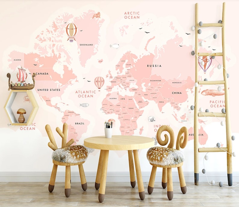 Pink World Map Wallpaper: Air Balloons, Kids Nursery Decor (peel and ...