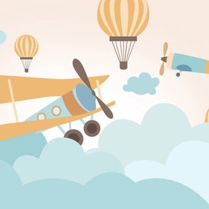 Aircraft Nursery Wallpaper: Blue & Orange Airplane Kids Room Wall Mural ...