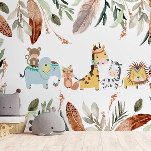 Boho Animal Nursery Wallpaper: Tropical Leaves, Peel and Stick - Etsy