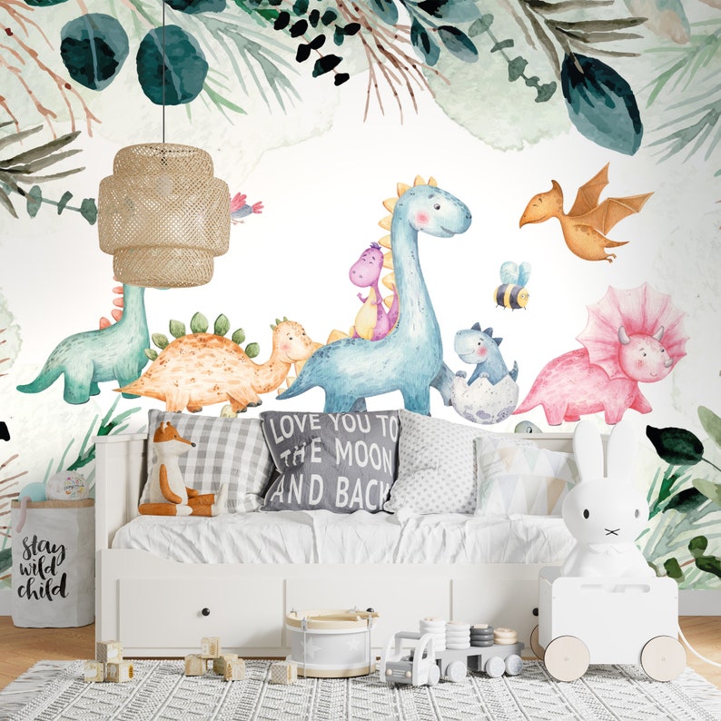 Cute Baby Dinosaur Nursery Wallpaper Tropical Leaves and - Etsy