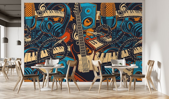 Music Instrument Cafe Wallpaper Modern Rock Bar Wall Mural - Etsy Australia