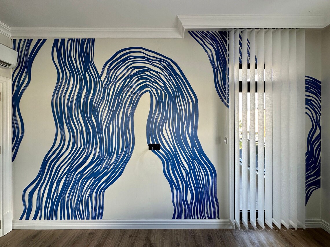 Blue Abstract Sketch Wall Mural, Brush Flowline Wallpaper, Modern ...