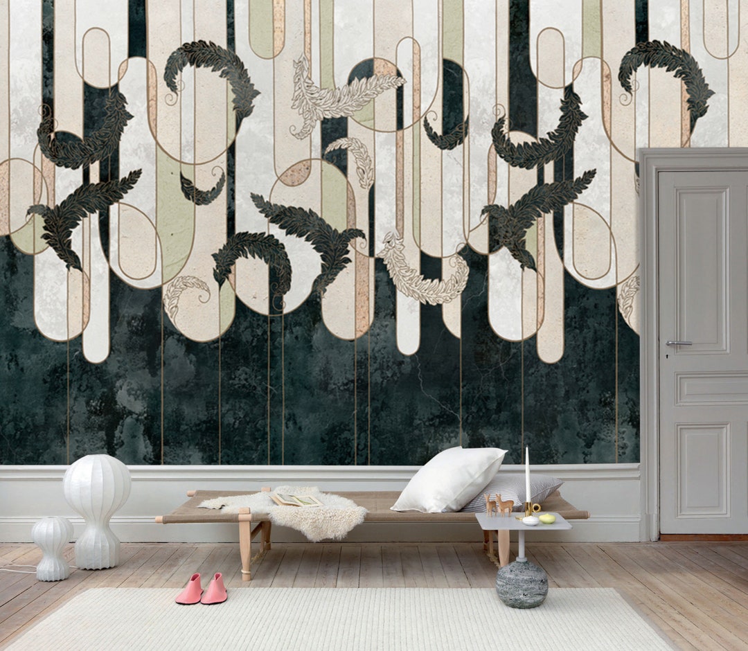 Geometric Arches and Feather Wallpaper: Art Deco Wall Mural - Etsy