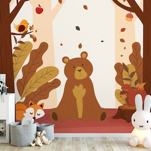 Kids Wallpaper Nursery Wallmural Autumn Forest Animals Bear Fox ...