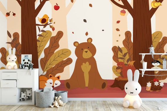 Kids Wallpaper Nursery Wallmural Autumn Forest Animals Bear | Etsy