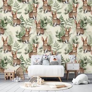 Woodland Bunny Kids Wallpaper, Pastel Color Cute Bunny Wall Mural ...