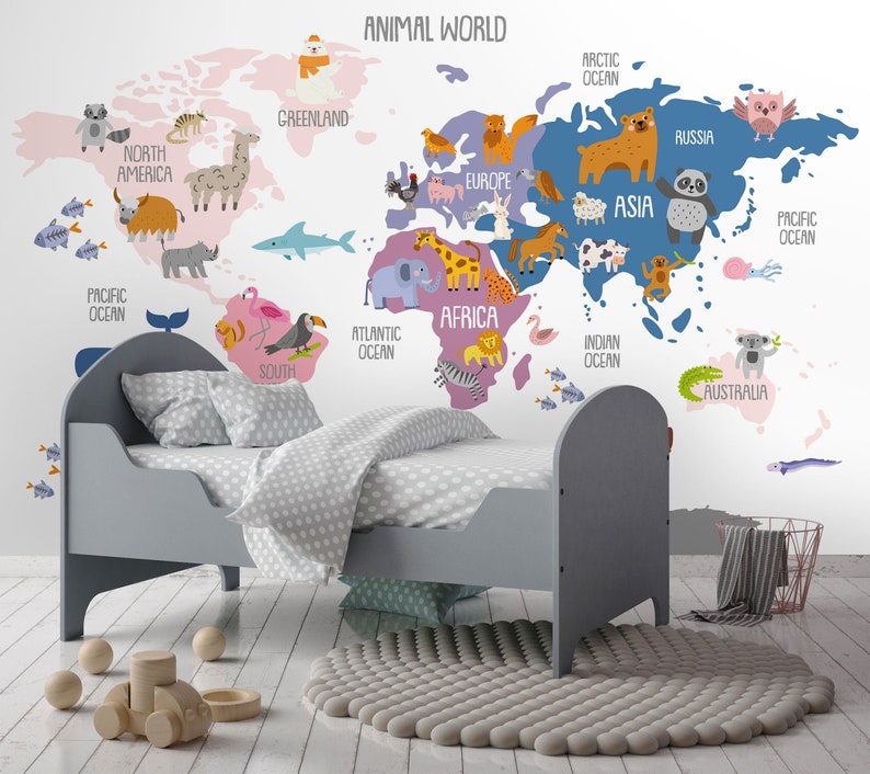 Pastel Color World Map Wallpaper for Kids Room Animal Map - Etsy