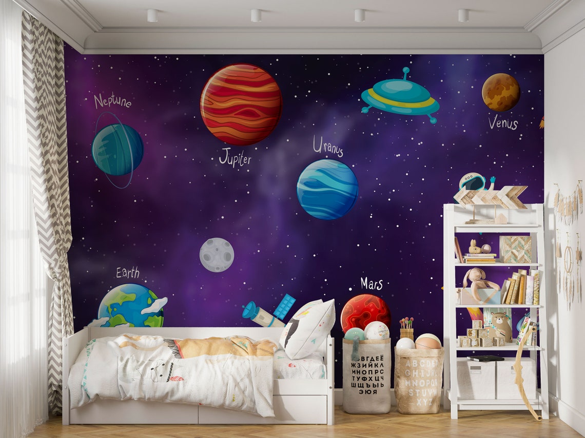 Educational Solar System Wallpaper for Kids Room Astronaut - Etsy