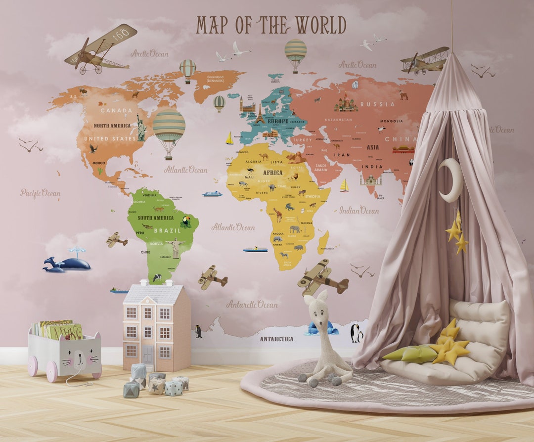 Colorful Pink World Map Girls Room Wallpaper, Map of the World Nursery ...