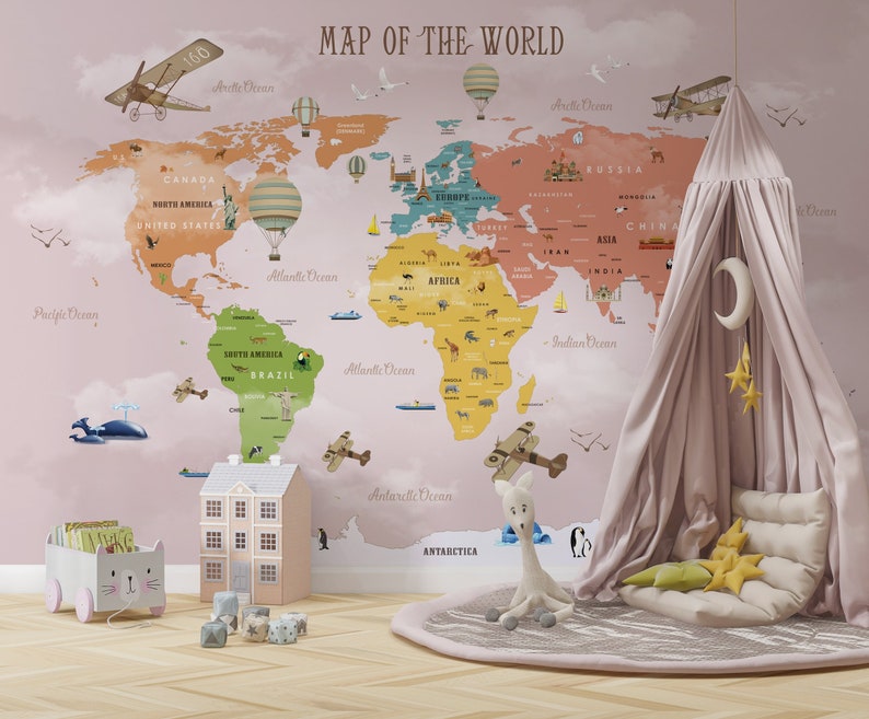 Colorful Pink World Map Girls Room Wallpaper Map of the World - Etsy