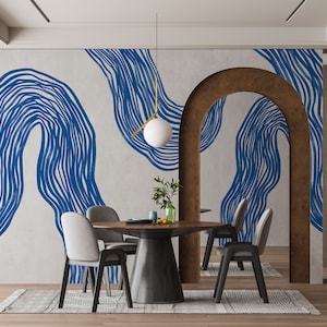 Blue Abstract Sketch Wall Mural, Brush Flowline Wallpaper, Modern ...