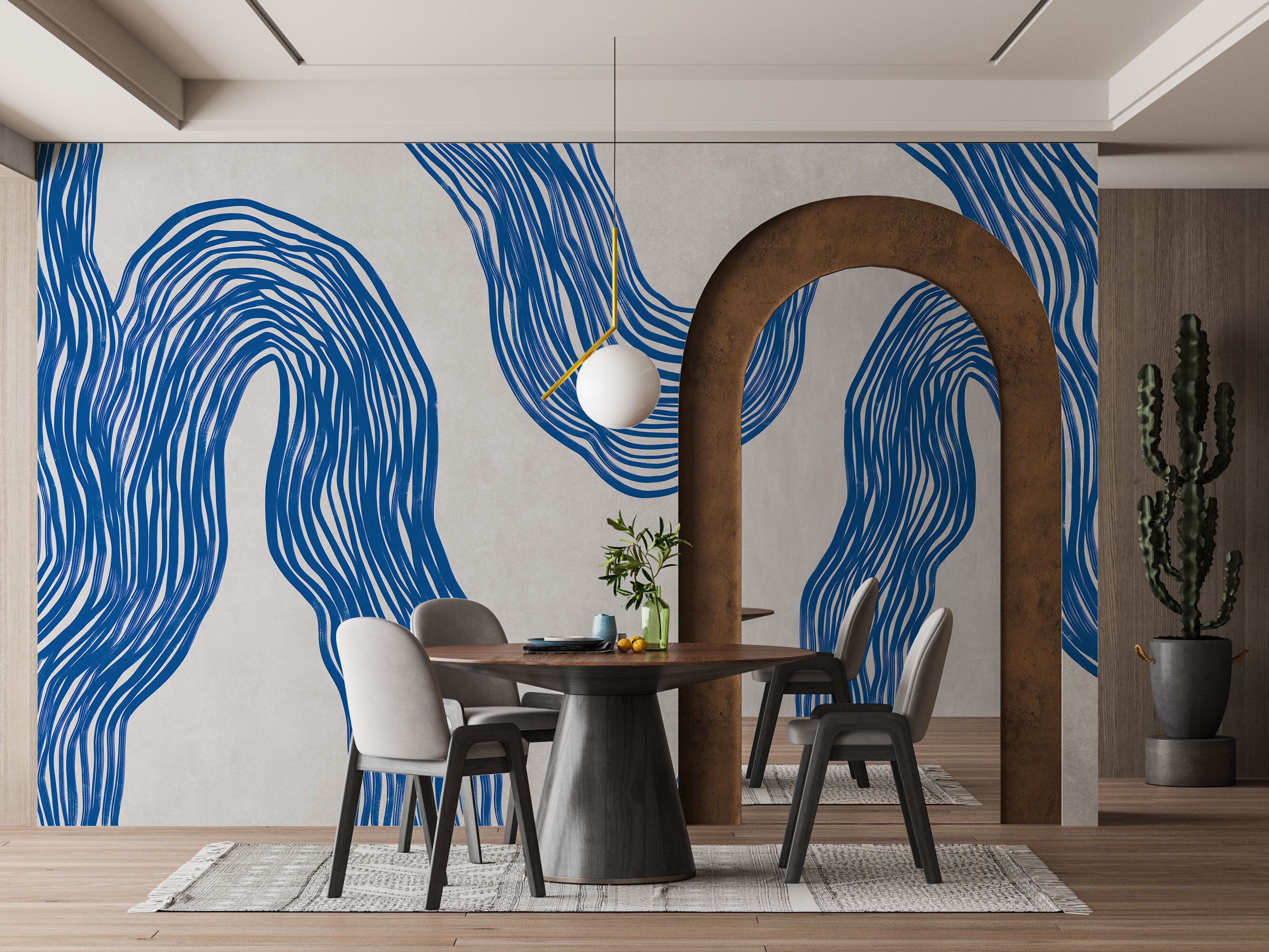 Blue Abstract Sketch Wall Mural, Brush Flowline Wallpaper, Modern ...