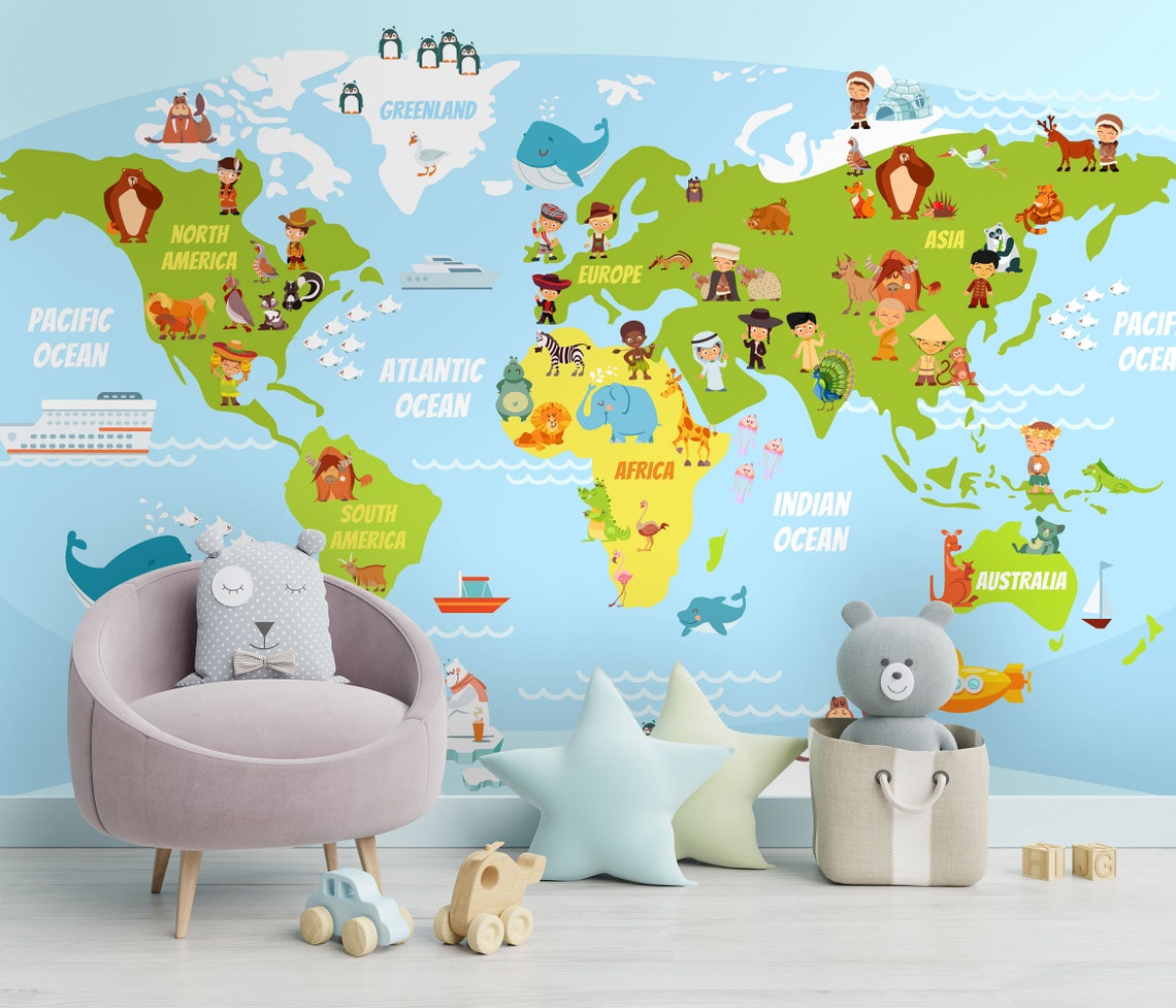 Light Blue Map of the World Nursery Wallpaper Continents and - Etsy