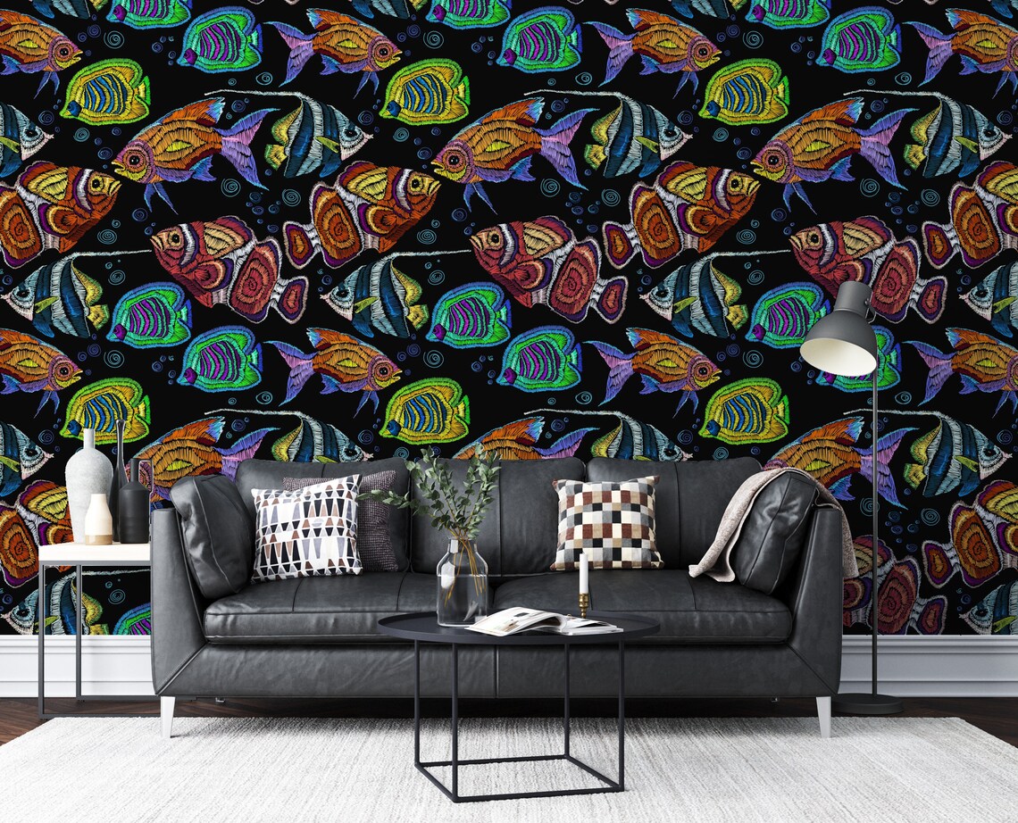 Colorful Fish Wallpaper With Black Background Aquarium Living - Etsy