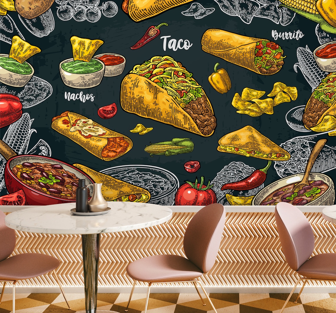 Mexican Restaurant Wallpaper, Fast Food Mural - Culinary Peel & Stick ...