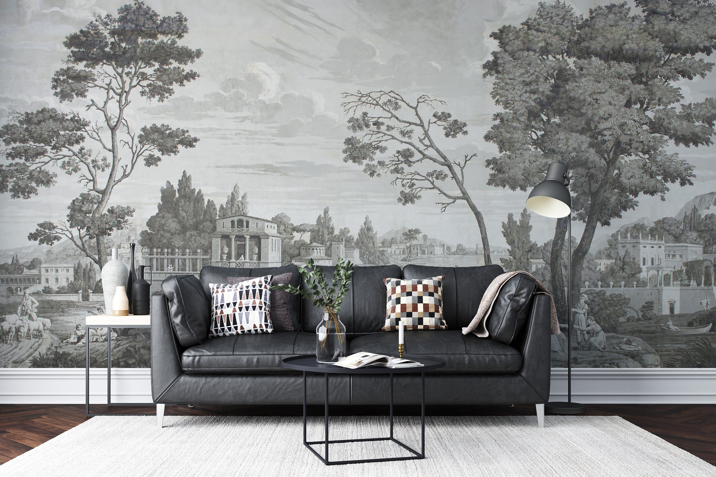 Medieval Bridge Painting Landscape Wallpaper Gray Color Old - Etsy