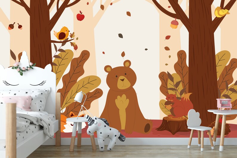 Kids Wallpaper Nursery Wallmural Autumn Forest Animals Bear | Etsy