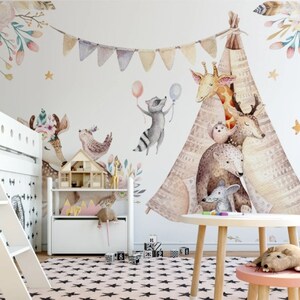 Watercolor Cute Animals in Tent Wallpaper for Nursery Room, Kids Wall ...