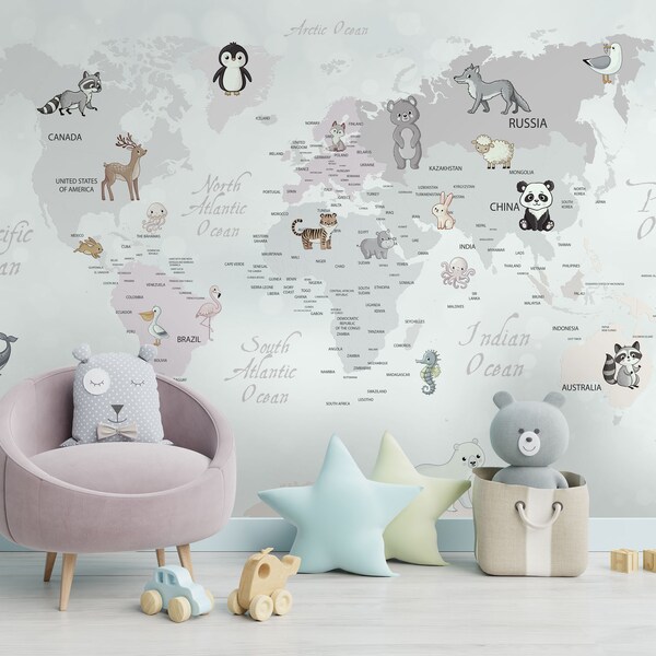 Kids World Map Wallpaper With Cute Animals Removable Wallpaper - Etsy