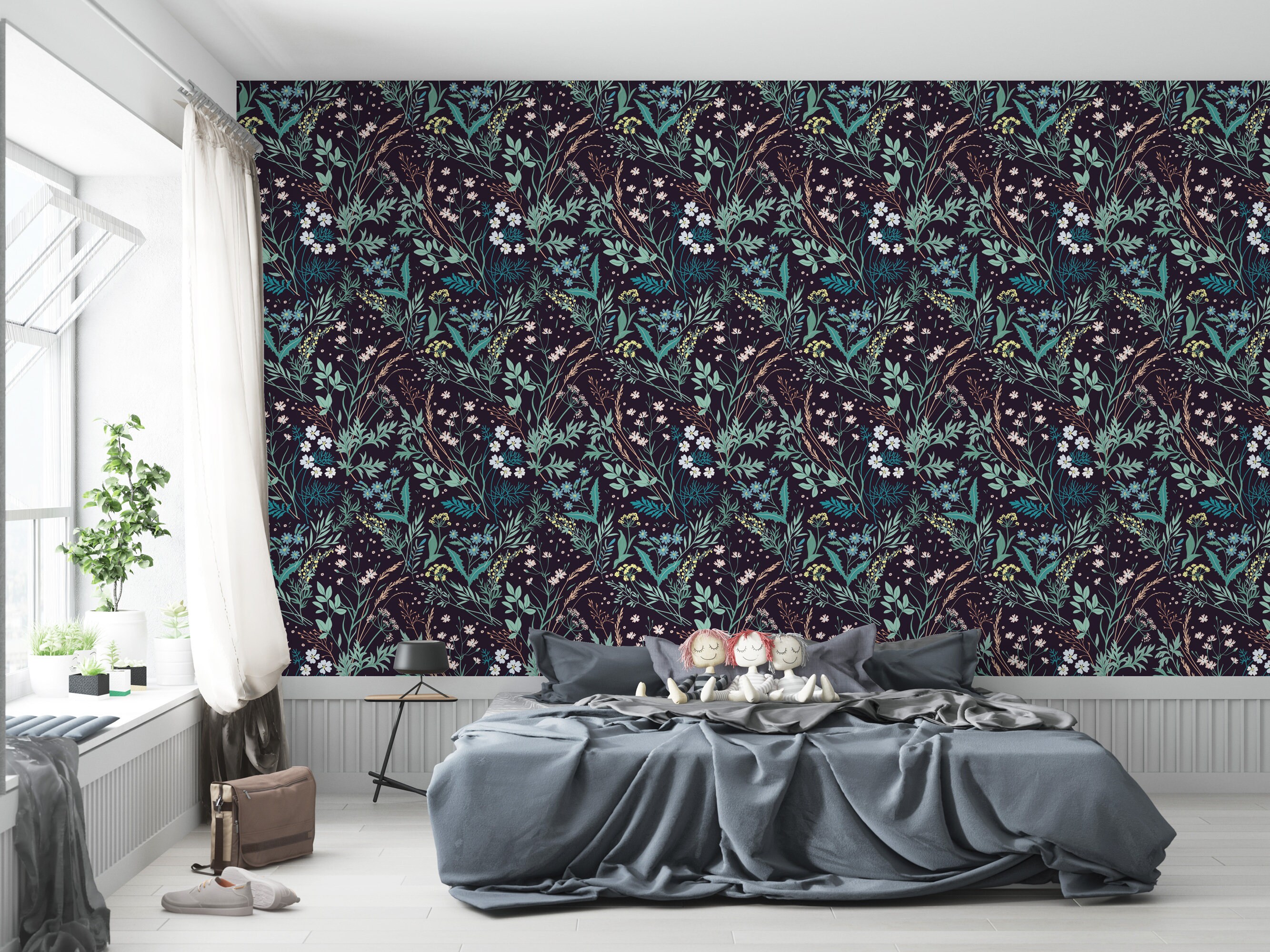 Botanical Plant Wallpaper, Floral Wall Mural, Green Leaves Living Room ...