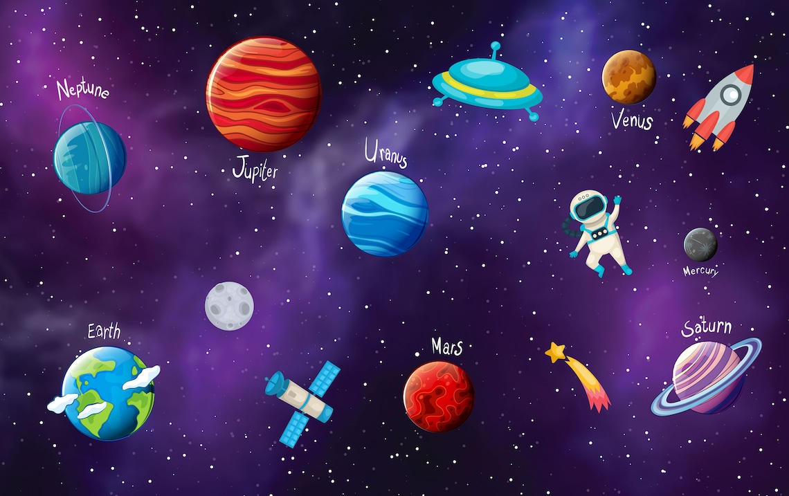 Educational Solar System Wallpaper for Kids Room Astronaut - Etsy