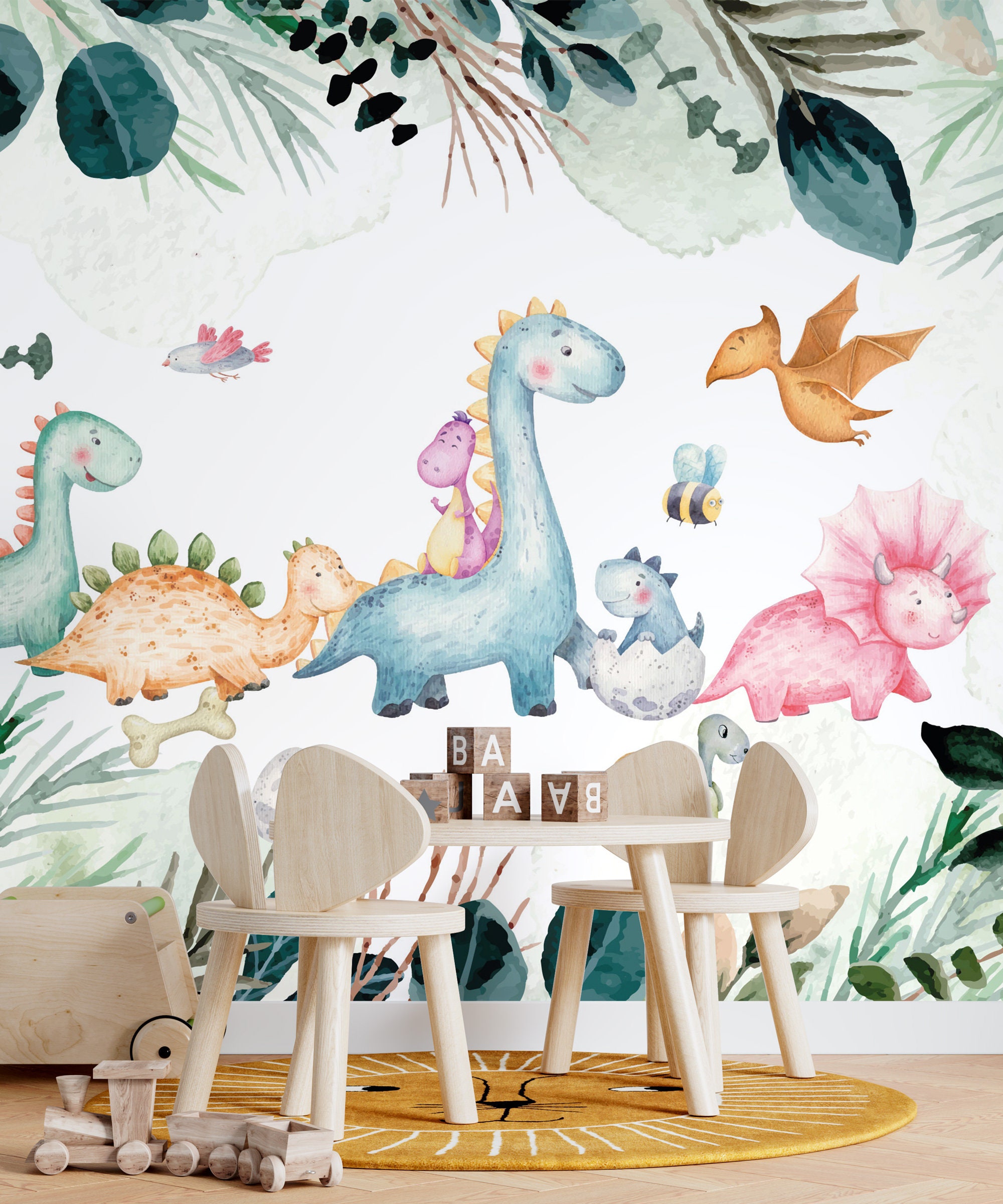 Cute Baby Dinosaur Nursery Wallpaper Tropical Leaves and - Etsy
