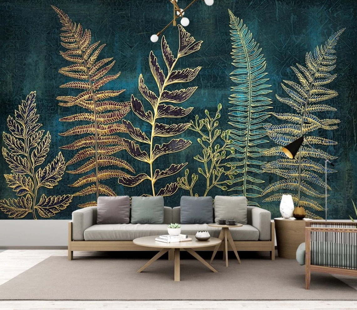 Green Background Gold Plants Floral Wallpaper Gold Tropical - Etsy