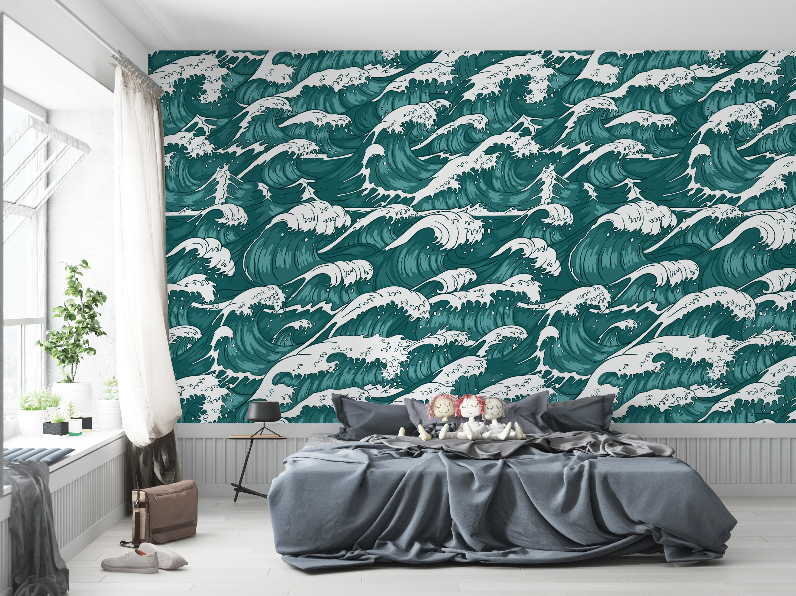 Japanese Style Wave Wallpaper Oriental Sea Waves Wall Mural - Etsy UK
