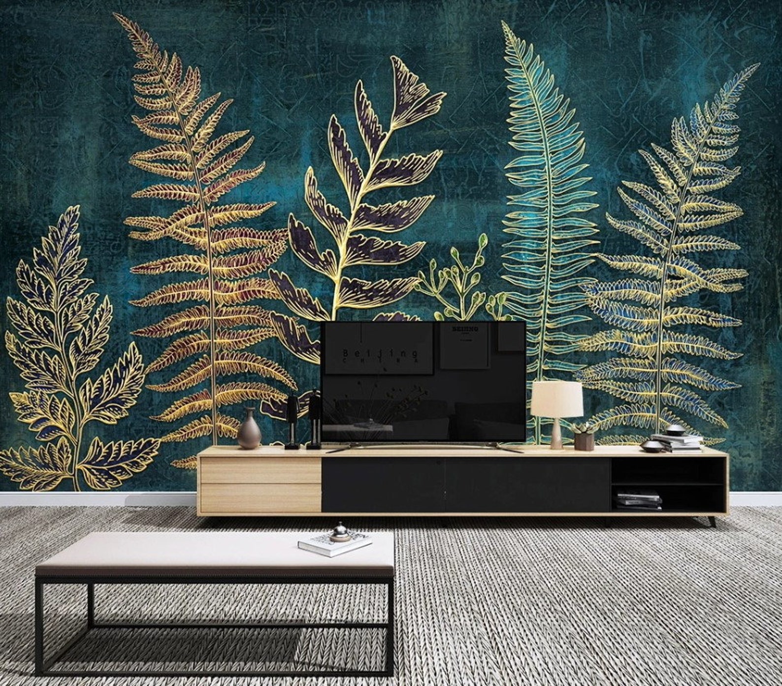 Green Background Gold Plants Floral Wallpaper Gold Tropical - Etsy