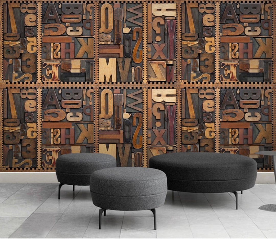 Brown Typography Wallpaper, 3D Alphabet Word Cloud Relief Wall Mural ...