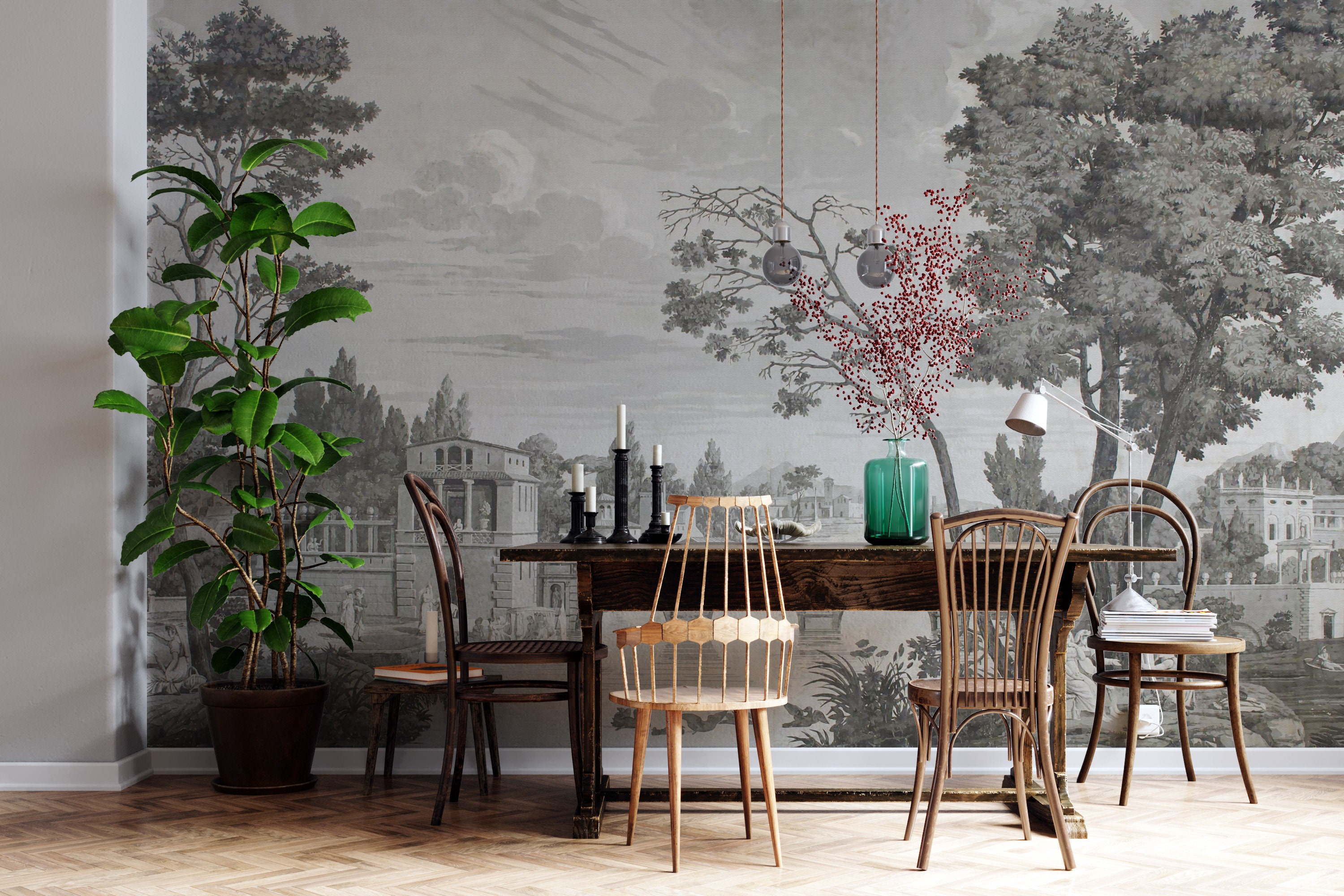 Medieval Bridge Painting Landscape Wallpaper Gray Color Old - Etsy