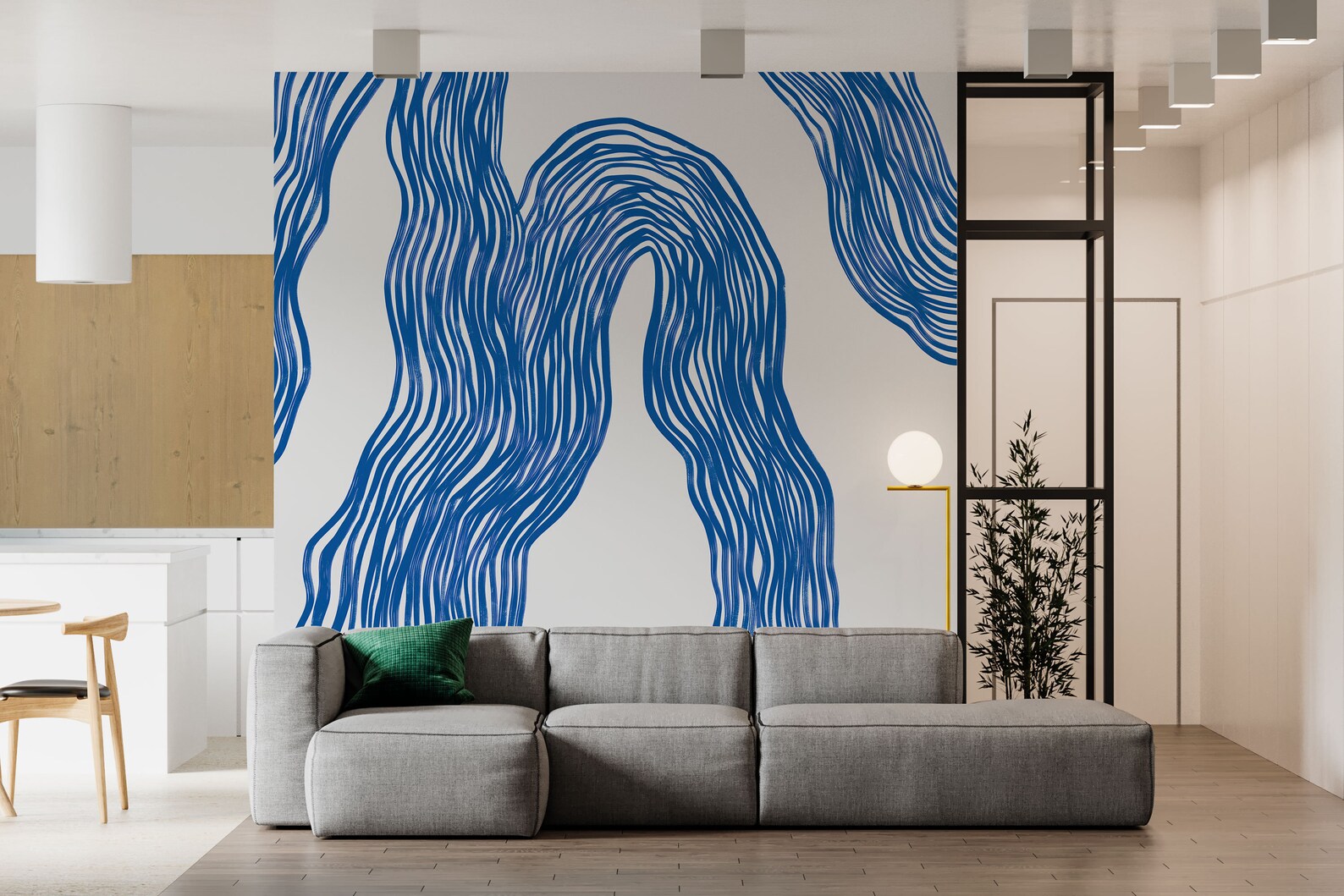 Blue Abstract Sketch Wall Mural, Brush Flowline Wallpaper, Modern ...
