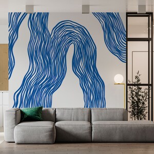 Blue Abstract Sketch Wall Mural, Brush Flowline Wallpaper, Modern ...