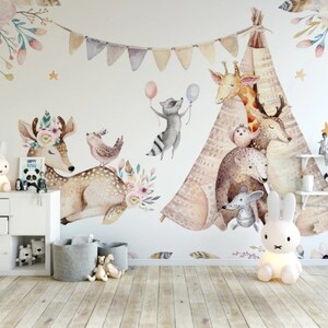 Watercolor Cute Animals in Tent Wallpaper for Nursery Room, Kids Wall ...