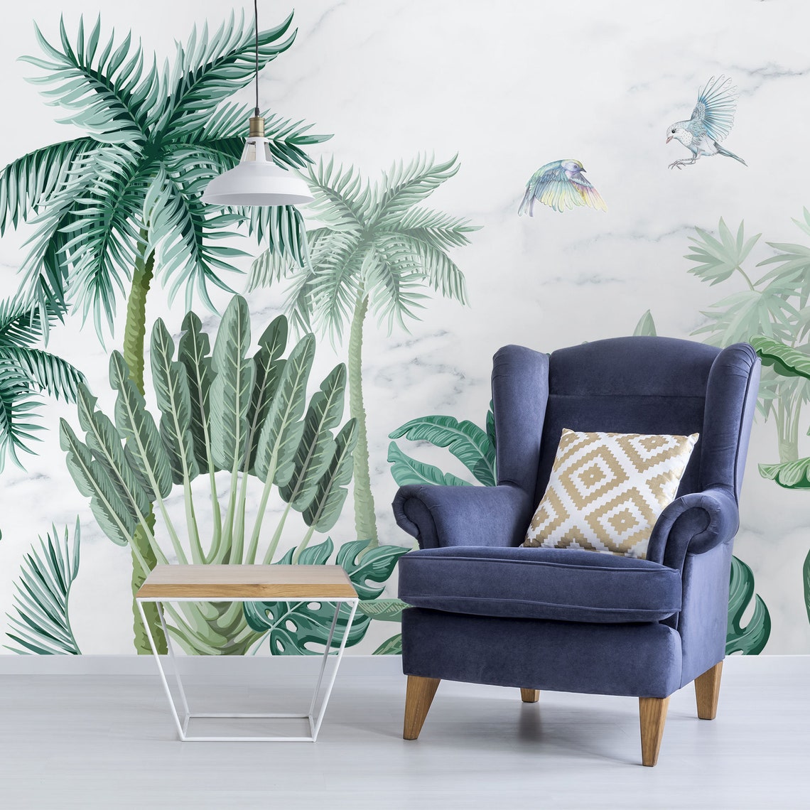 Botanical Living Room Wallpaper Bird and Tree Tropical Wall Mural, - Etsy