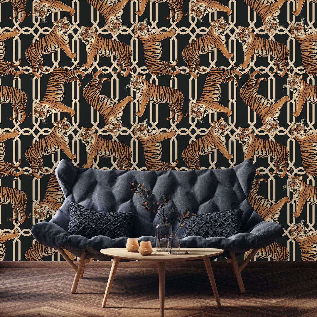 Exotic Tigers in Geometric Pattern Wallpaper, Tropical Dark Background ...