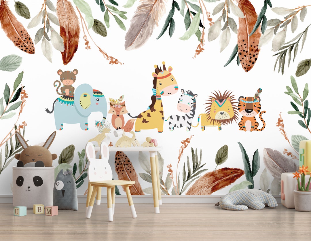 Animal Nursery Wallpaper in Boho Theme Cute Animals and Tropical Leaves ...
