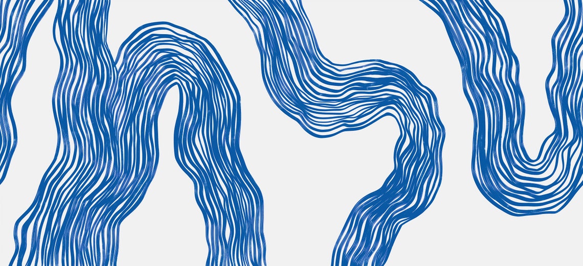 Blue Abstract Sketch Wall Mural, Brush Flowline Wallpaper, Modern ...