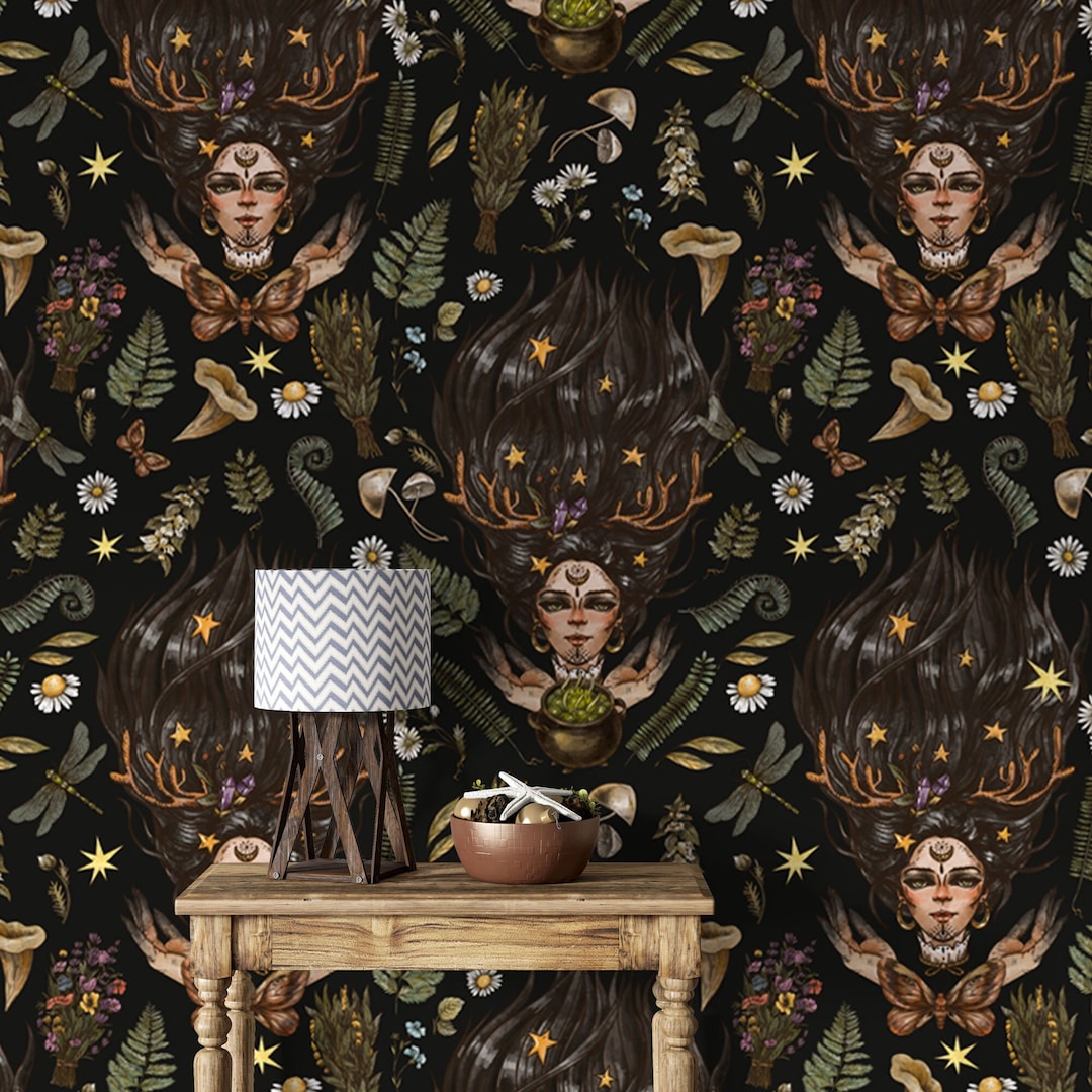 Whimsical Wallpaper With Witches and Potions - Dark Botanical Wallpaper ...