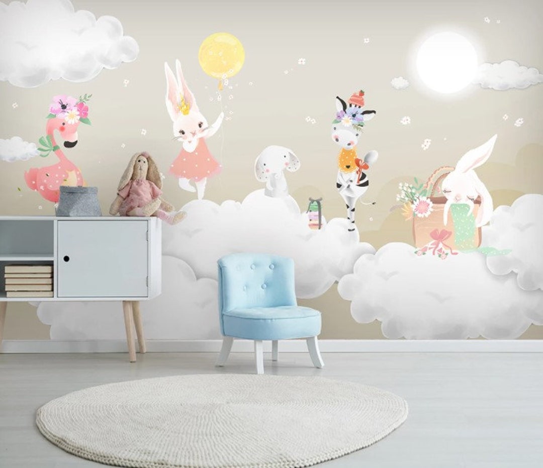 Bunny Cloud Kids Wallpaper: Pastel Nursery Wall Mural - Etsy