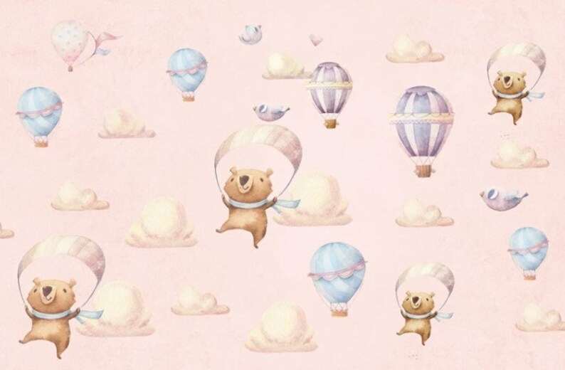 Pink Background Cute Parachute Bear Nursery Wallpaper Pastel - Etsy