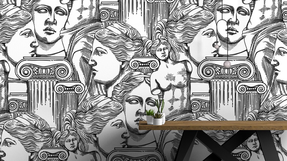 Black and White Renaissance Column Wallpaper Venus Statue - Etsy