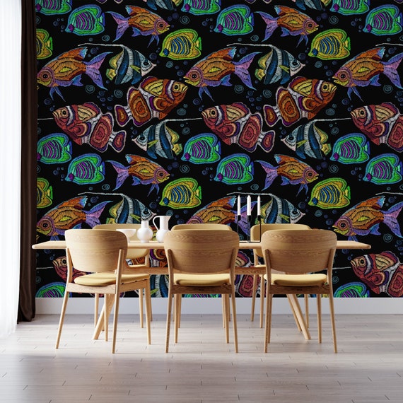 Colorful Fish Wallpaper With Black Background Aquarium Living - Etsy