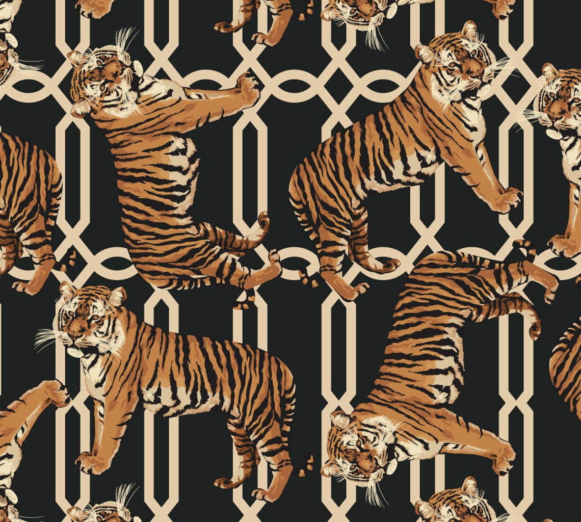 Exotic Tigers in Geometric Pattern Wallpaper Tropical Dark | Etsy