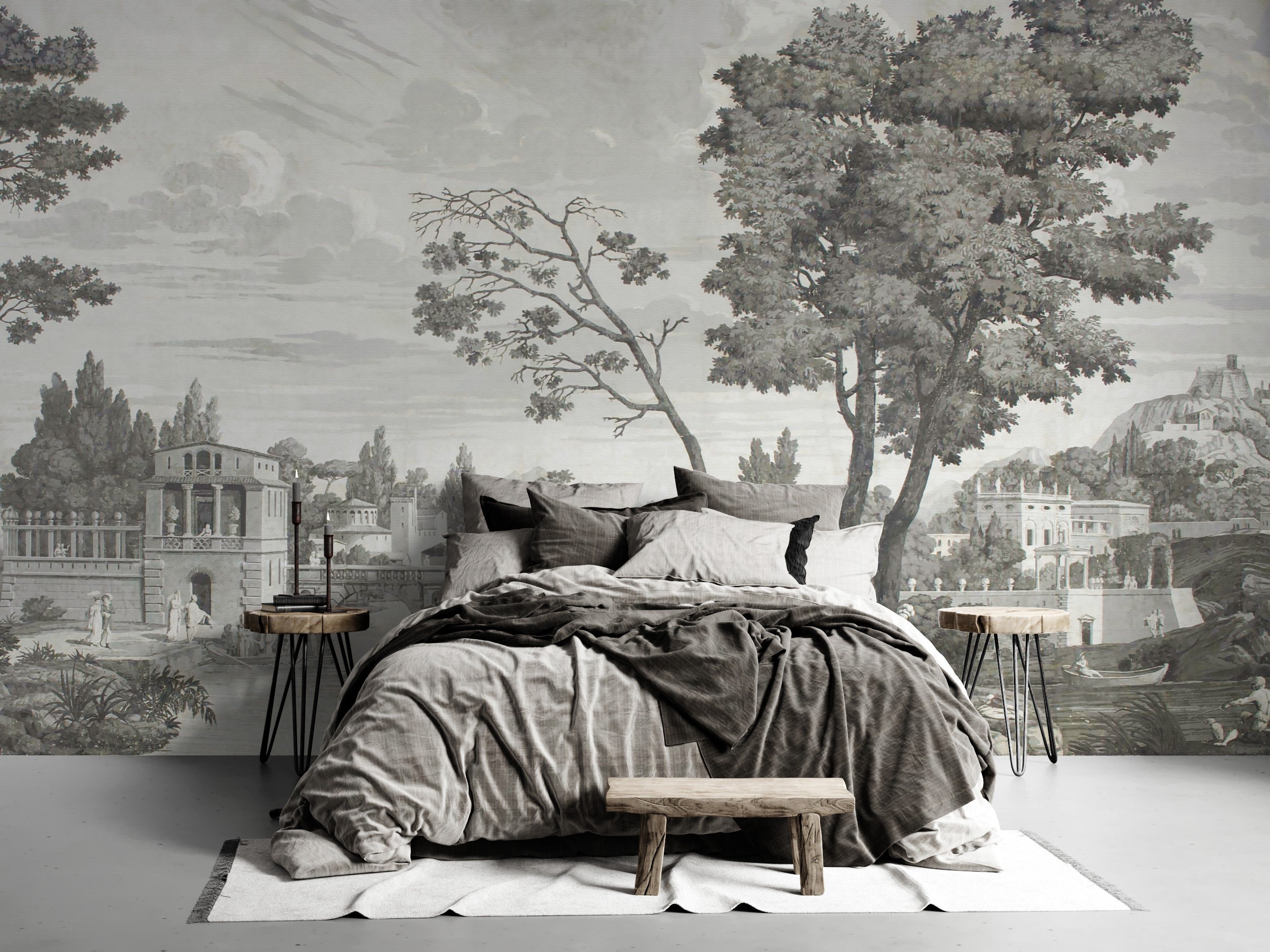 Medieval Bridge Painting Landscape Wallpaper Gray Color Old - Etsy