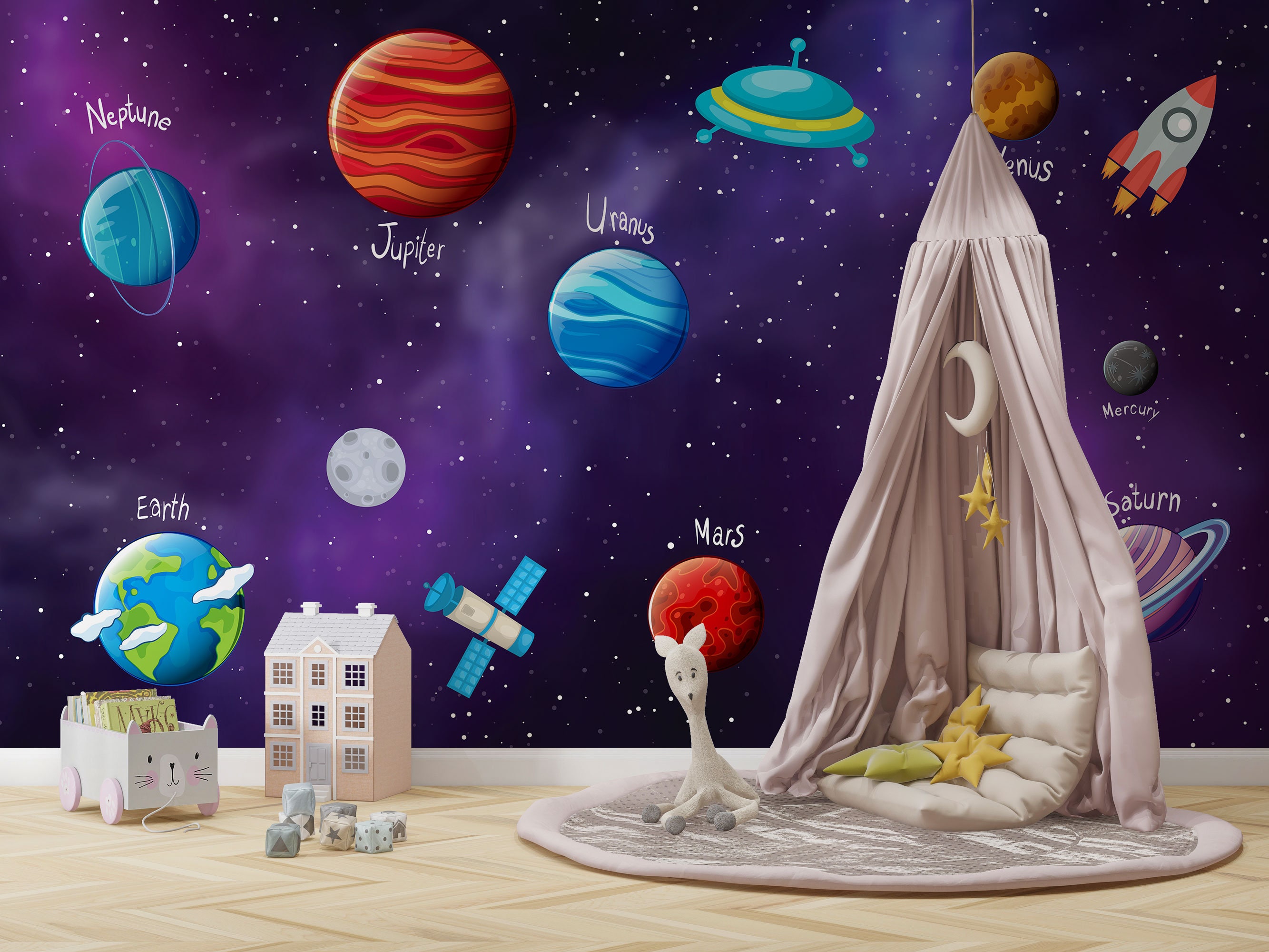 Educational Solar System Wallpaper for Kids Room Astronaut - Etsy