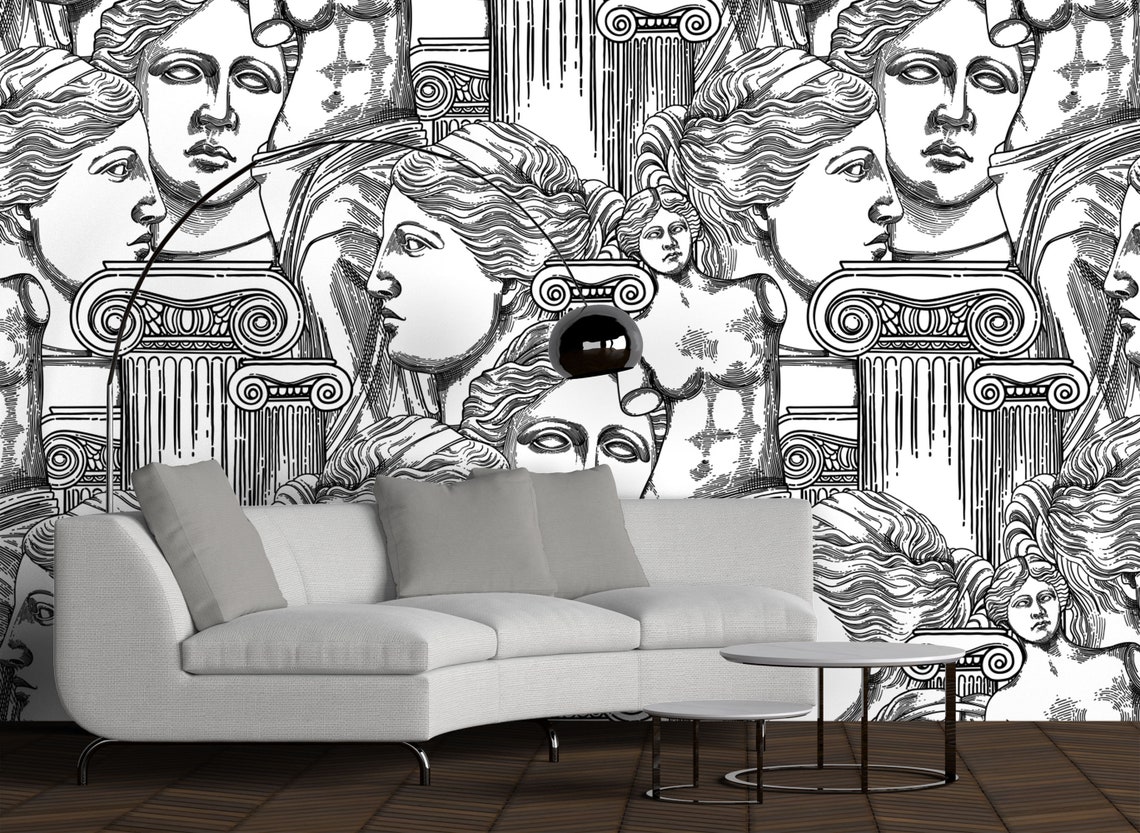Black and White Renaissance Column Wallpaper: Venus Statue Wall Mural ...
