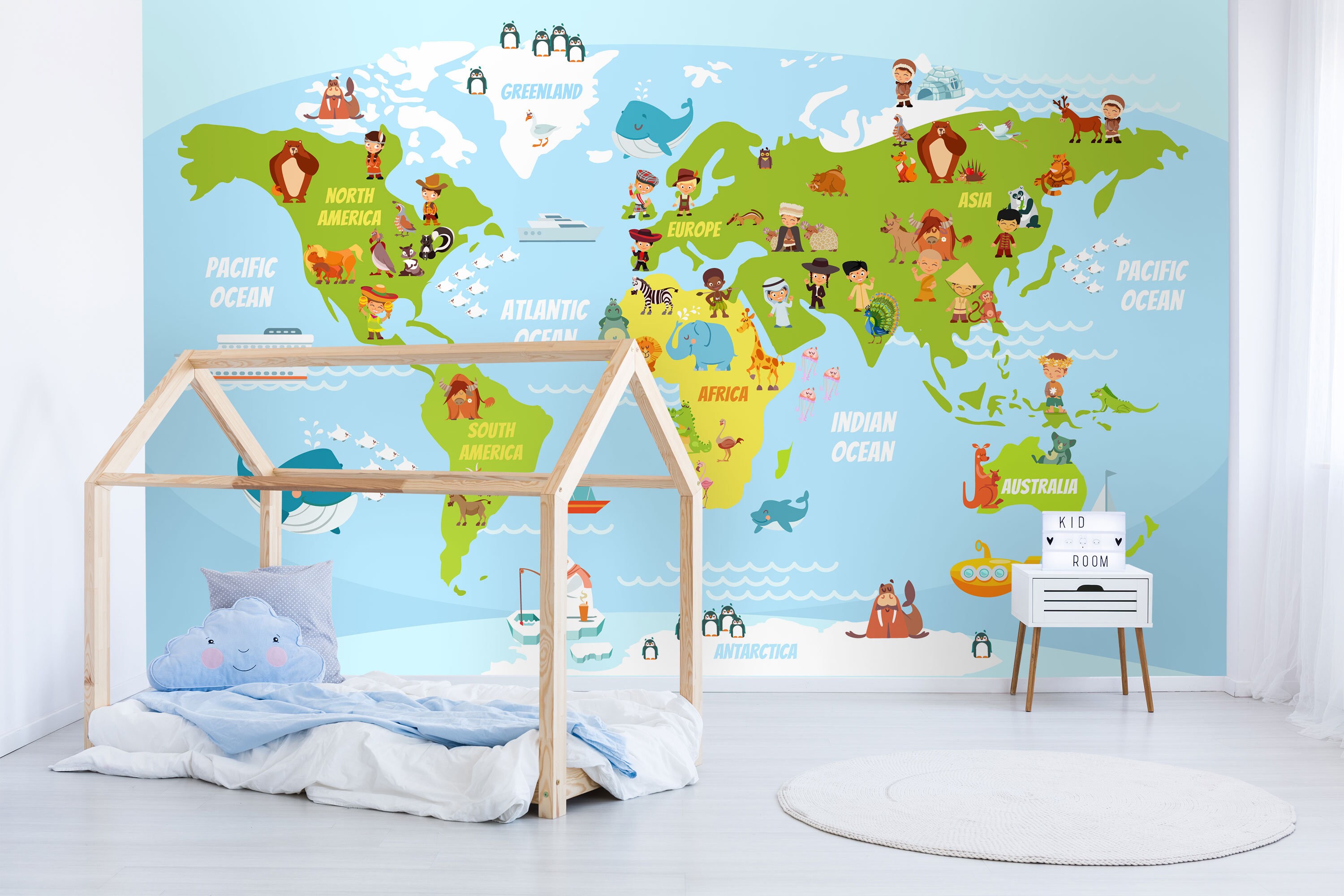 Light Blue Map of the World Nursery Wallpaper Continents and - Etsy