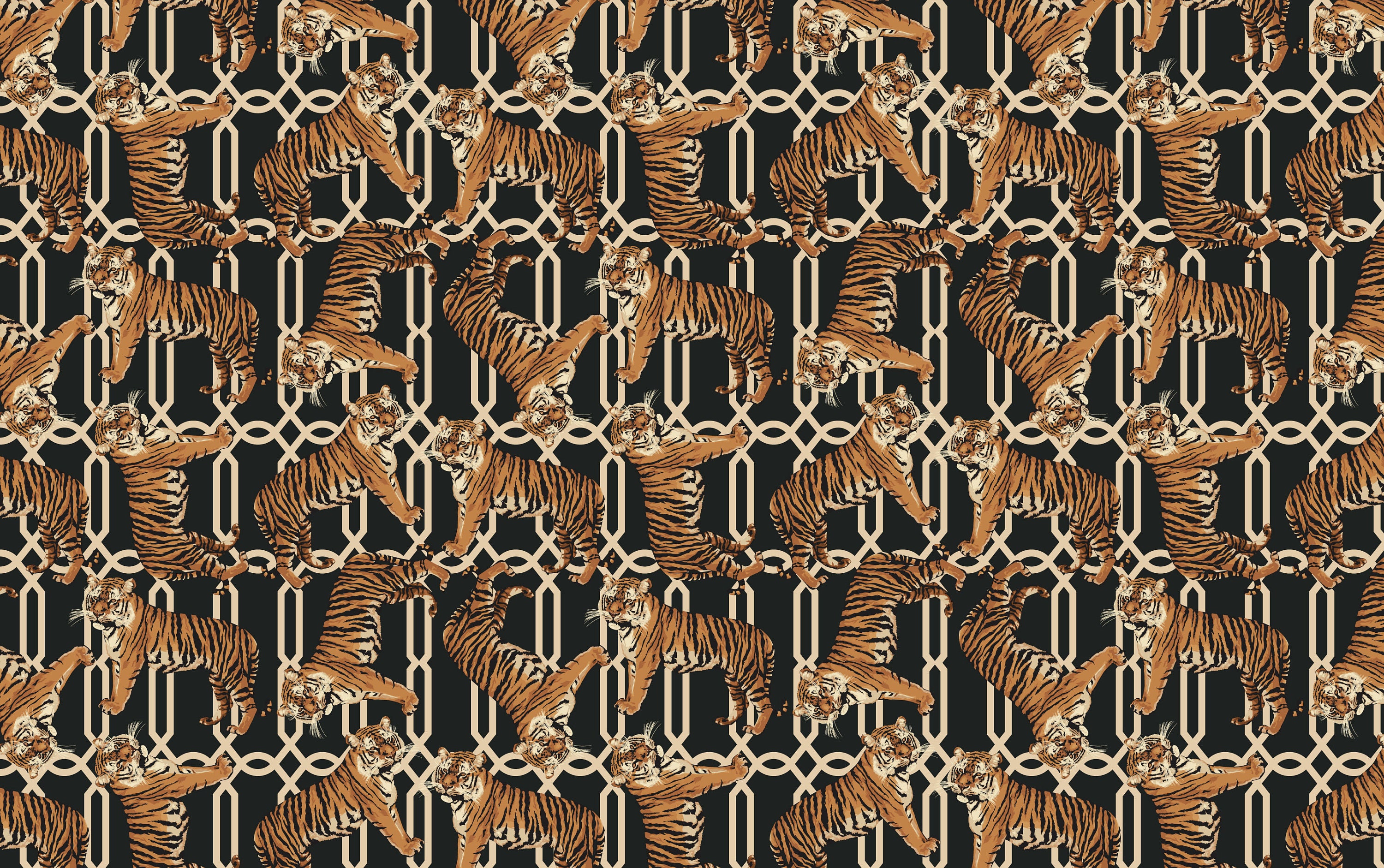 Exotic Tigers in Geometric Pattern Wallpaper Tropical Dark - Etsy